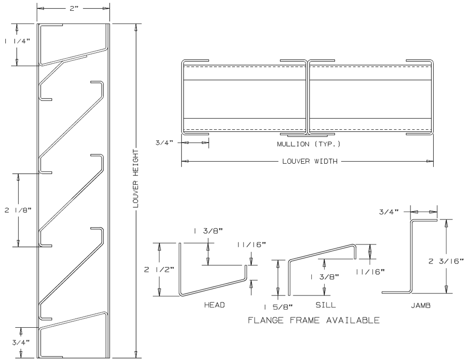 2" Deep 45° Stationary Non-Drainable Blade Steel Louver